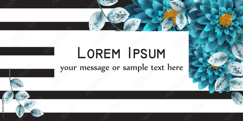 Blue turquoise watercolor flowers banner Vector. Abstract black and ...