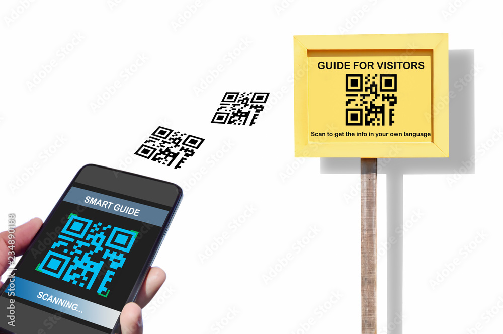 Hand holding smartphone with scanning QR code smart guide screen with ...