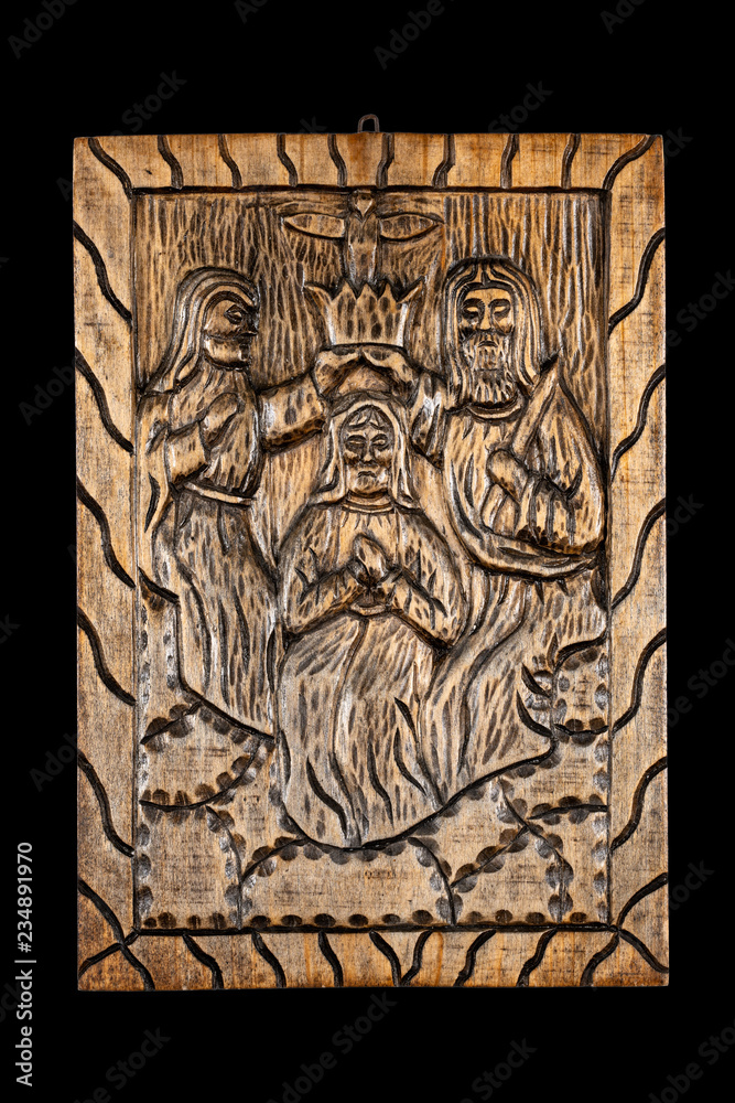 Coronation of the Virgin Naive Wood Bas Relief. Naive or folk wood ...