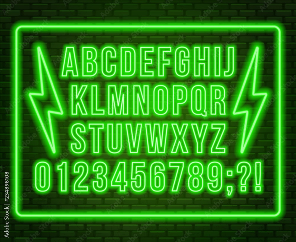Neon green font. Bright capital letters with numbers on a dark ...