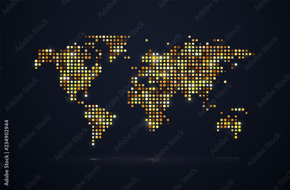 Night bright world map with golden dots and light effects vector ...