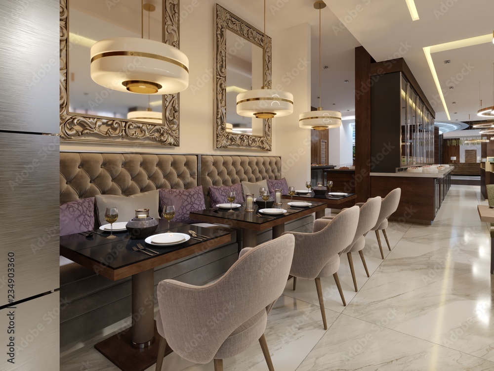 Restaurant in a modern style with marble floor. There are sofas chairs ...
