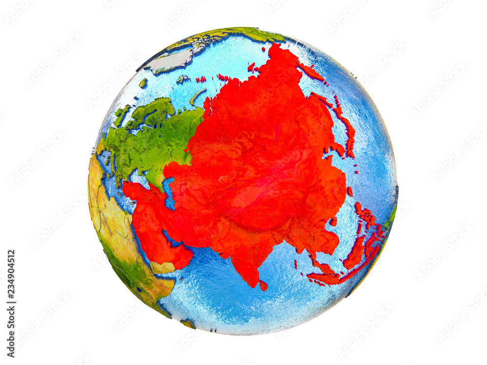Asia on 3D model of Earth with country borders and water in oceans. 3D ...