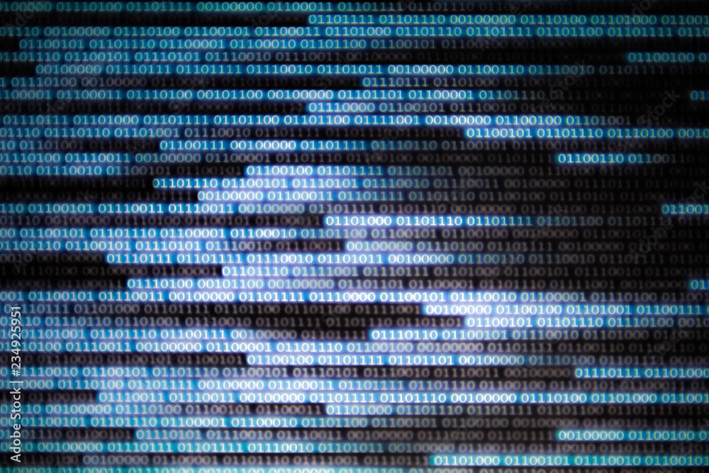 binary code data bit screen display on laptop computer screen. matrix ...