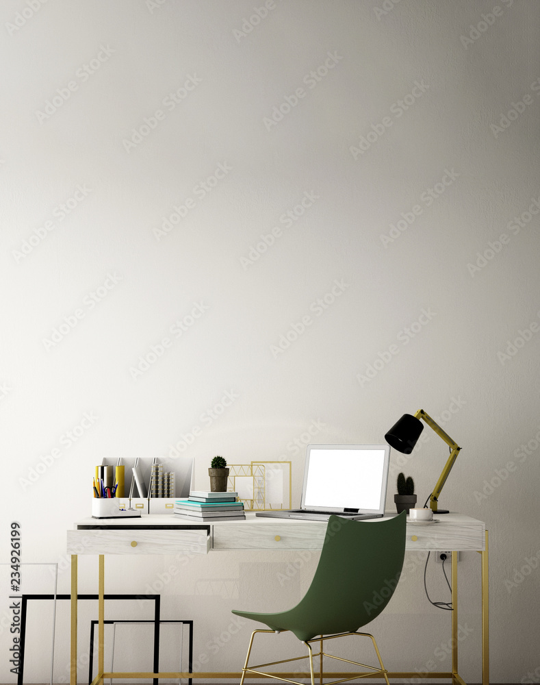 interior design for working area with Destop computer screen on white ...