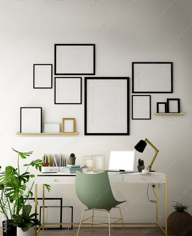 interior design for working area with Destop computer screen on white ...