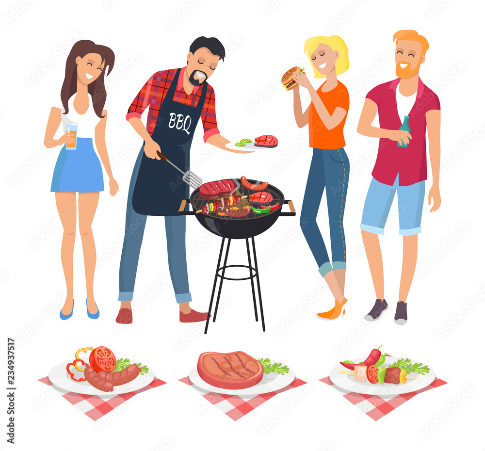 People on BBQ Party Icons Vector Illustration Stock Vector | Adobe Stock