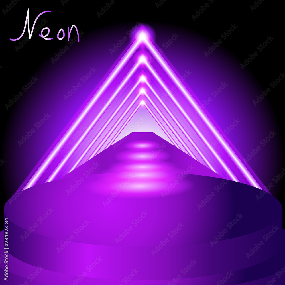 Purple vector background with neon lights, scene, steps and arch Stock ...