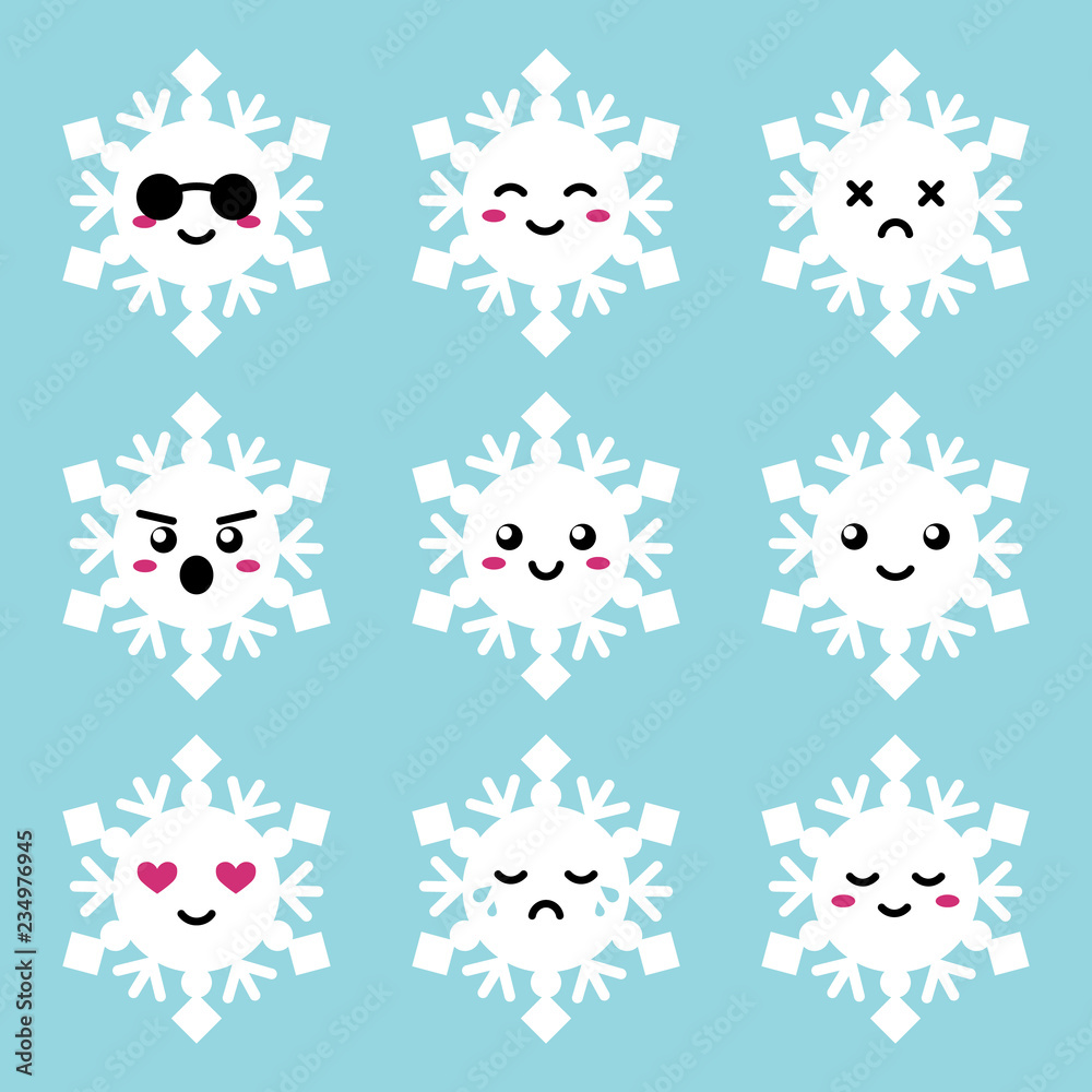 Set, collection of cute cartoon style snowflakes emoji, facial ...
