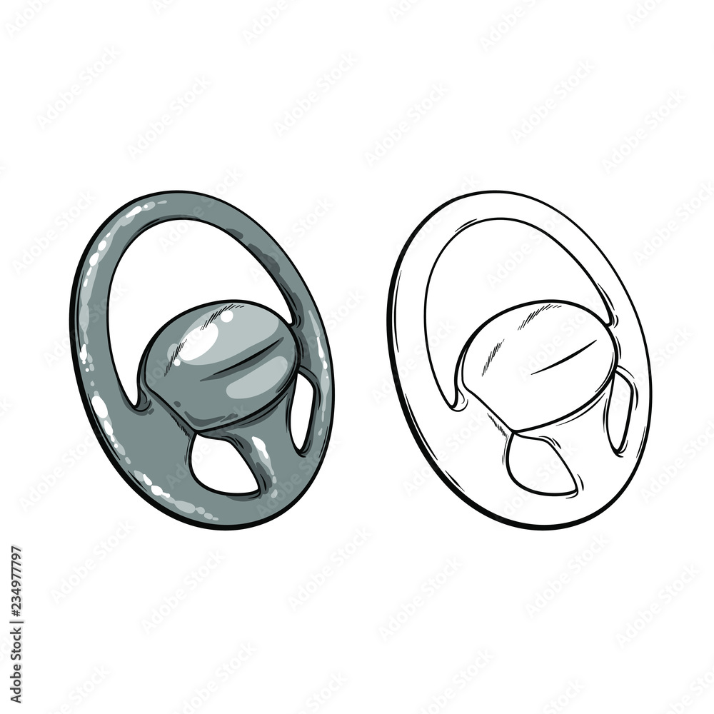 Sketch of steering wheel, vector line art illustration isolated on ...