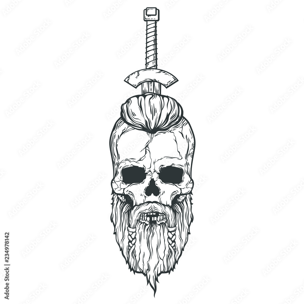 Viking skull with a sword in the head, vector illustration isolated on ...