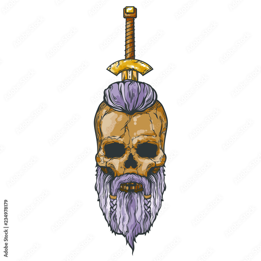 Skull with beard and mustache, sword in the head, vector line art ...