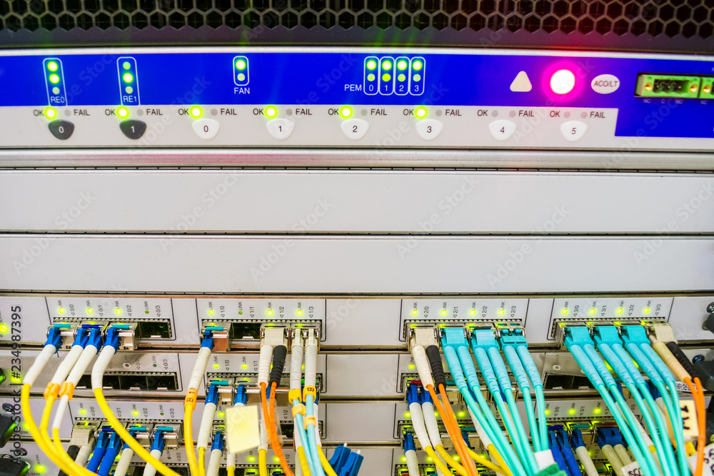 Front panel of the central data center router. Modern high-speed ...