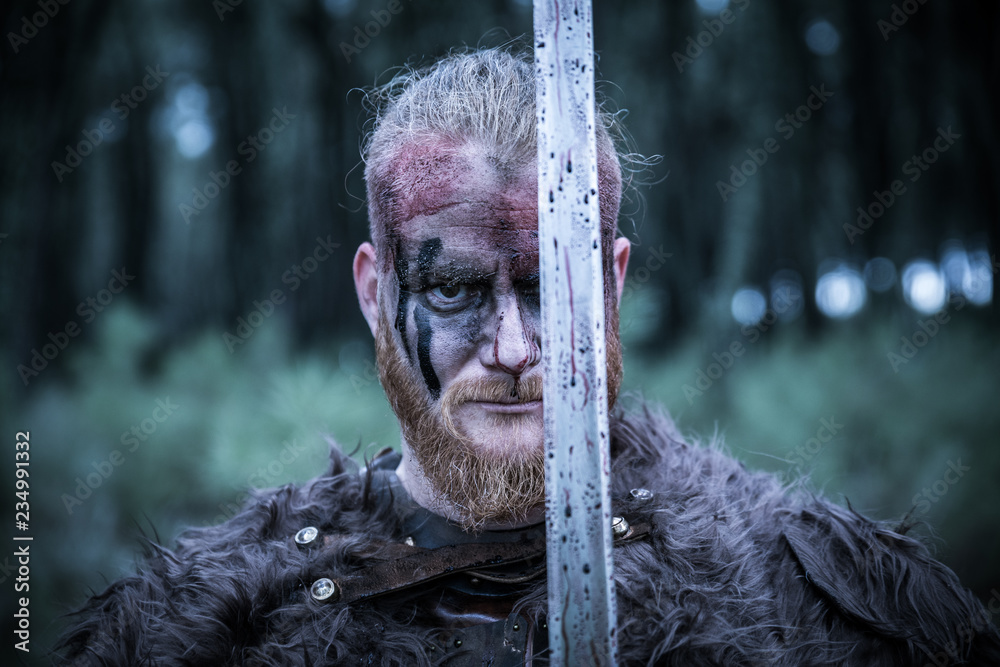 viking with red beard with armor shield and sword in the battle field ...