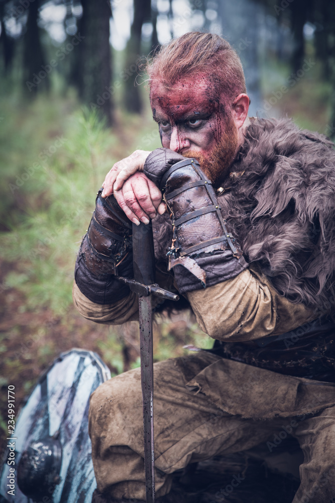 viking with red beard with armor shield and sword in the battle field ...