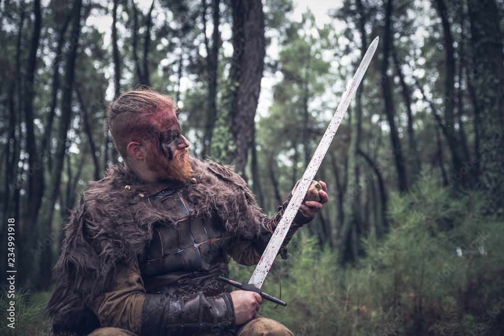 viking with red beard with armor shield and sword in the battle field ...