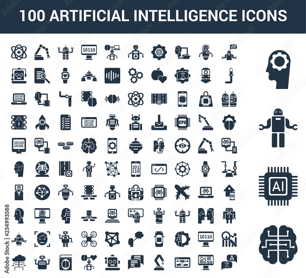 100 Artificial Intelligence universal icons set with intelligence ...