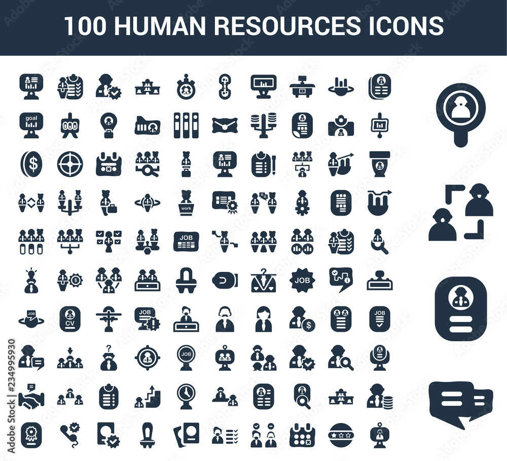 100 Human Resources universal icons set with Conversation, Resume ...