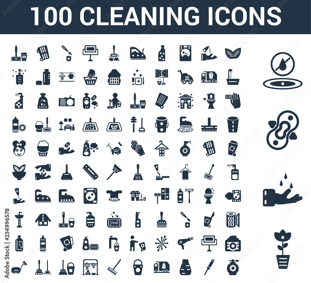 100 Cleaning universal icons set with Rose cleanin, Hands Compress No ...