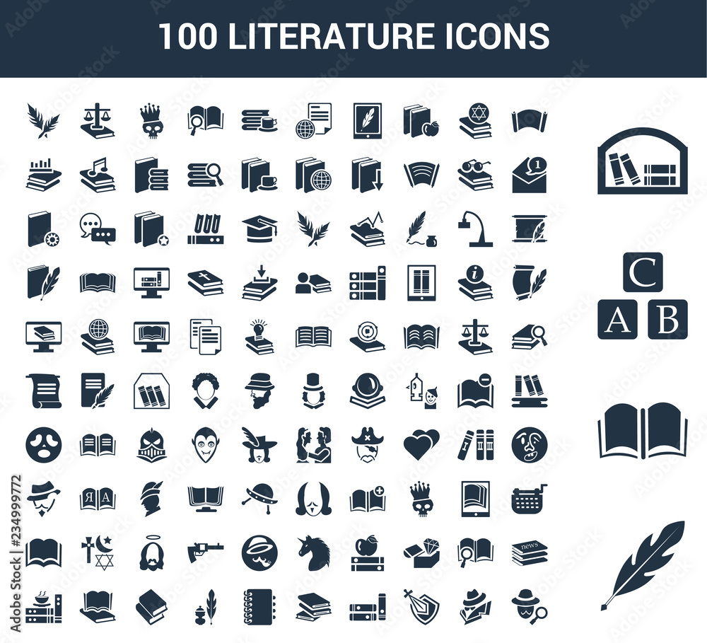 100 Literature universal icons set with Quill, Open book, Abc ...