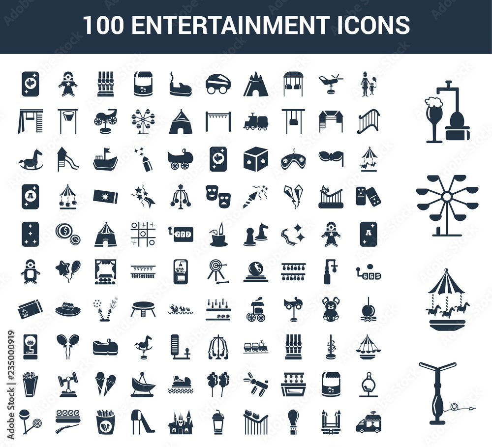 100 Entertainment universal icons set with Air pump, Carousel, Ferris ...