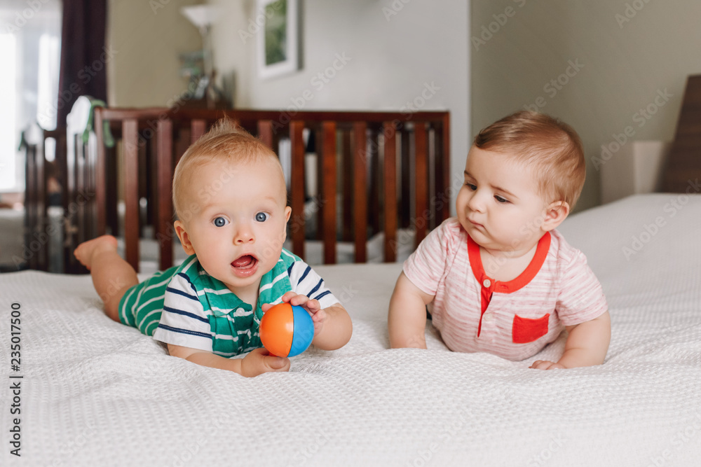 Group portrait of two white Caucasian cute adorable funny baby boys ...