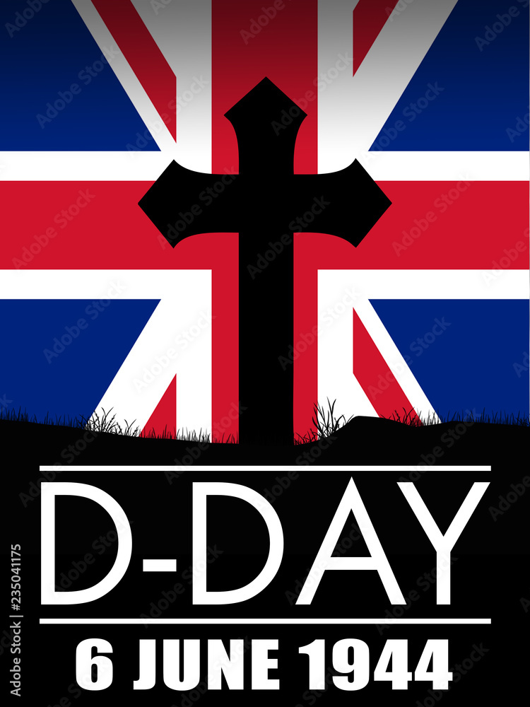 Original illustration. World War 2 D-Day memorial, U.K. flag banner ...
