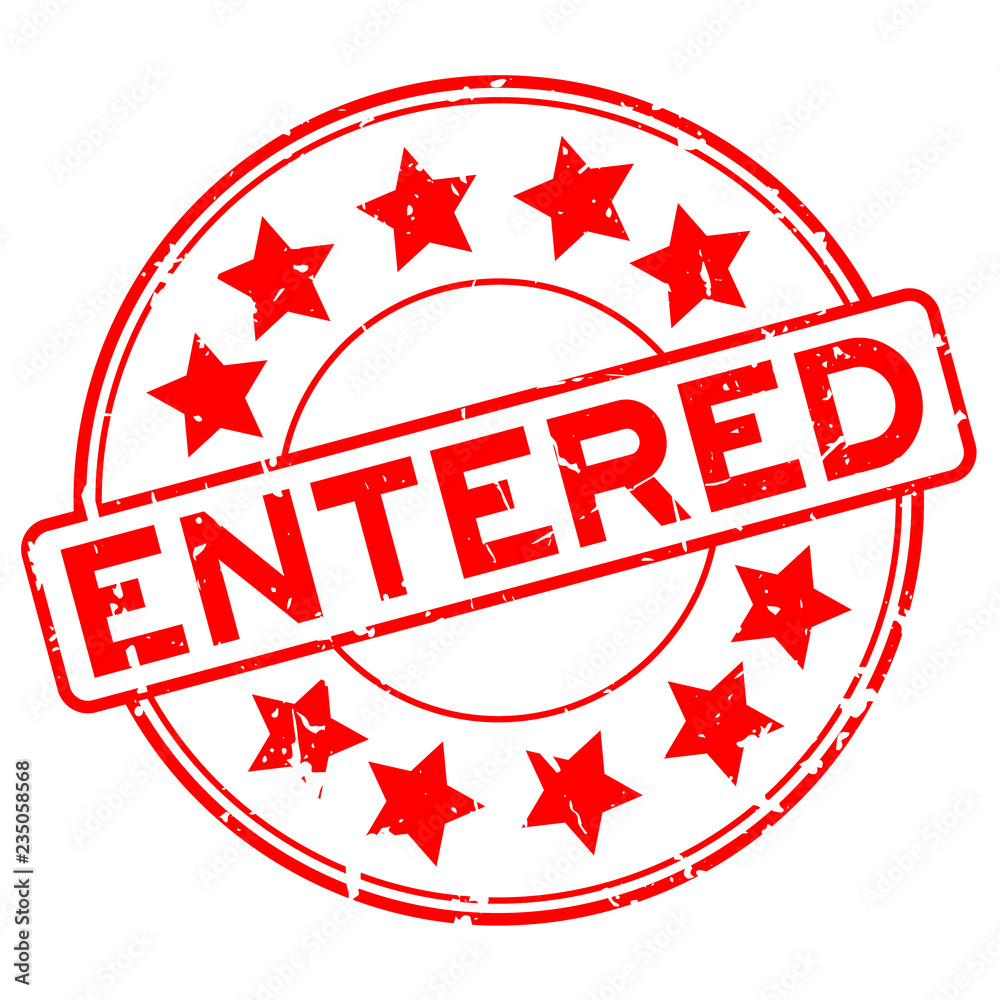 Grunge red entered word with star icon round rubber seal stamp on white ...