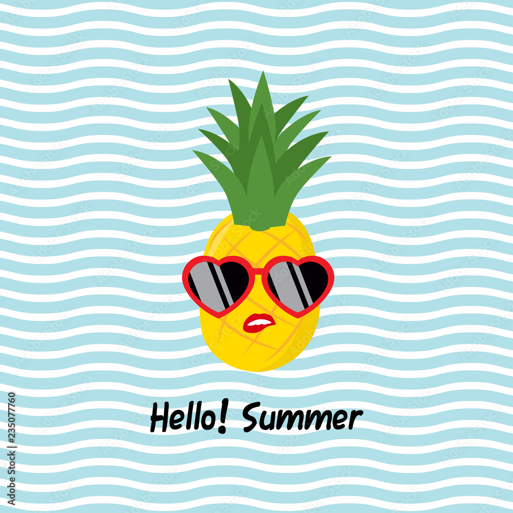 Hello! Summer Vector illustration, Cool pineapple bite lower lip with ...