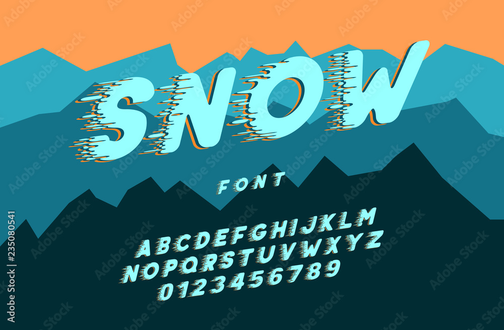 High-speed snow font on the background of mountains for printing ...