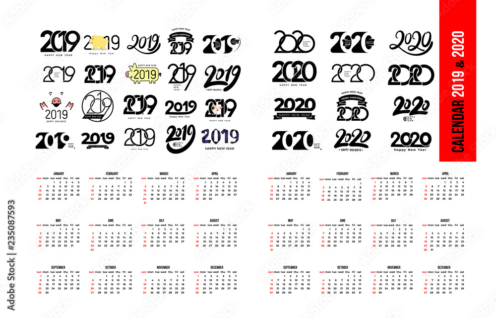 Set of Calendar 2019 and 2020 template. Calendar logo design in black ...