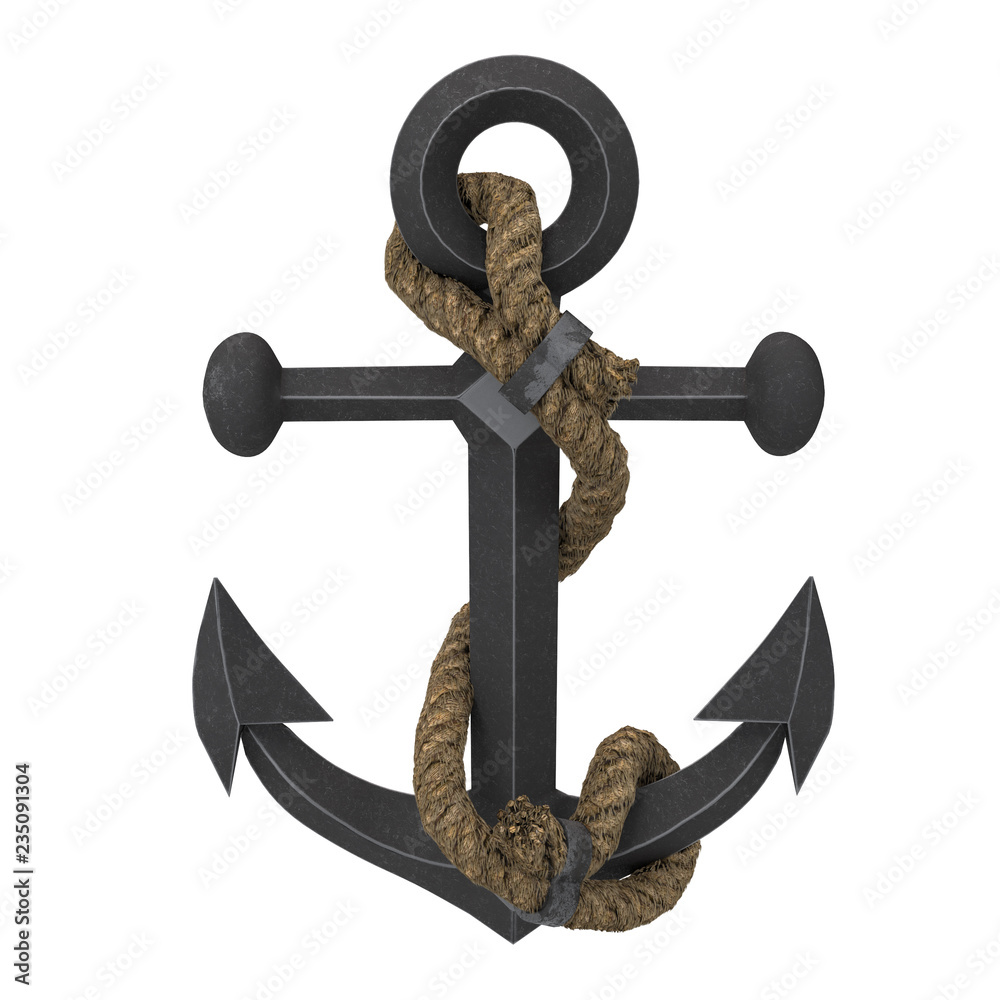 Old anchor with rope on an isolated white background. 3d illustration ...