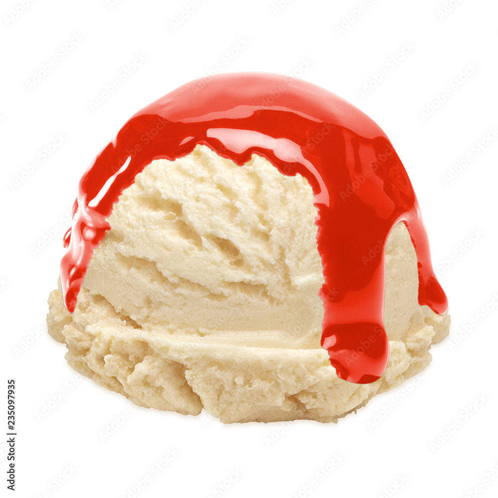Vanilla ice cream scoop with strawberry sauce or syrup isolated on ...
