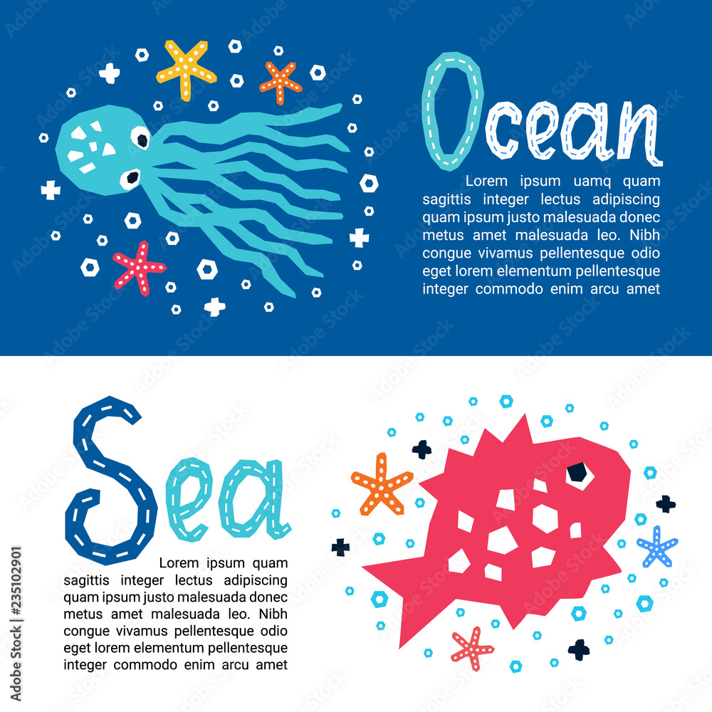 Cutout marine style kids design element paper flyers. Lettering titles ...