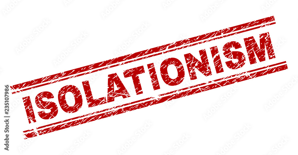 ISOLATIONISM seal print with distress texture. Red vector rubber print ...