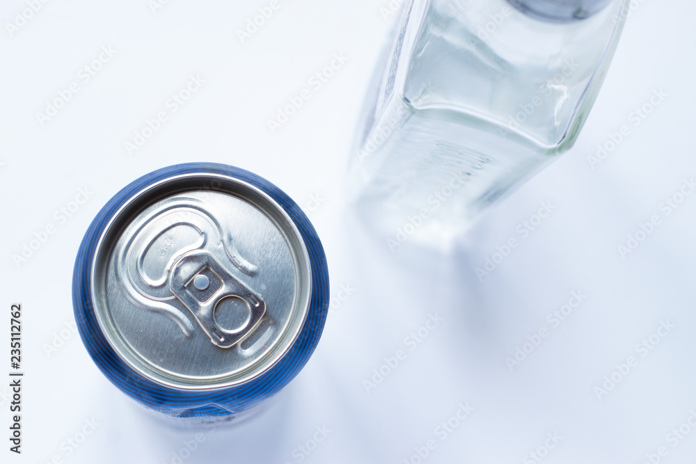 Open empty can top view with water drop close up isolated on white with ...