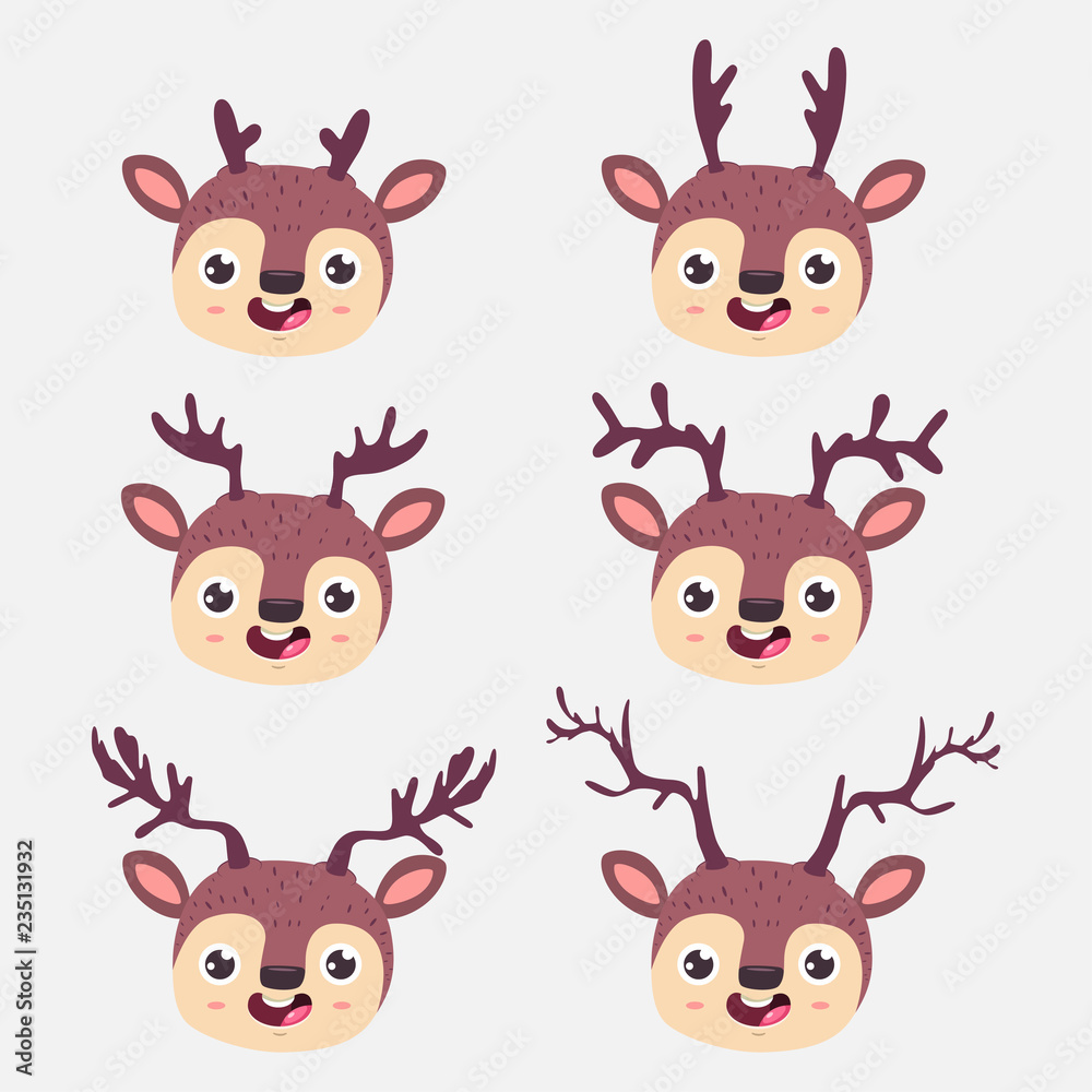Cute deer faces with different horns. Vector cartoon funny reindeer ...