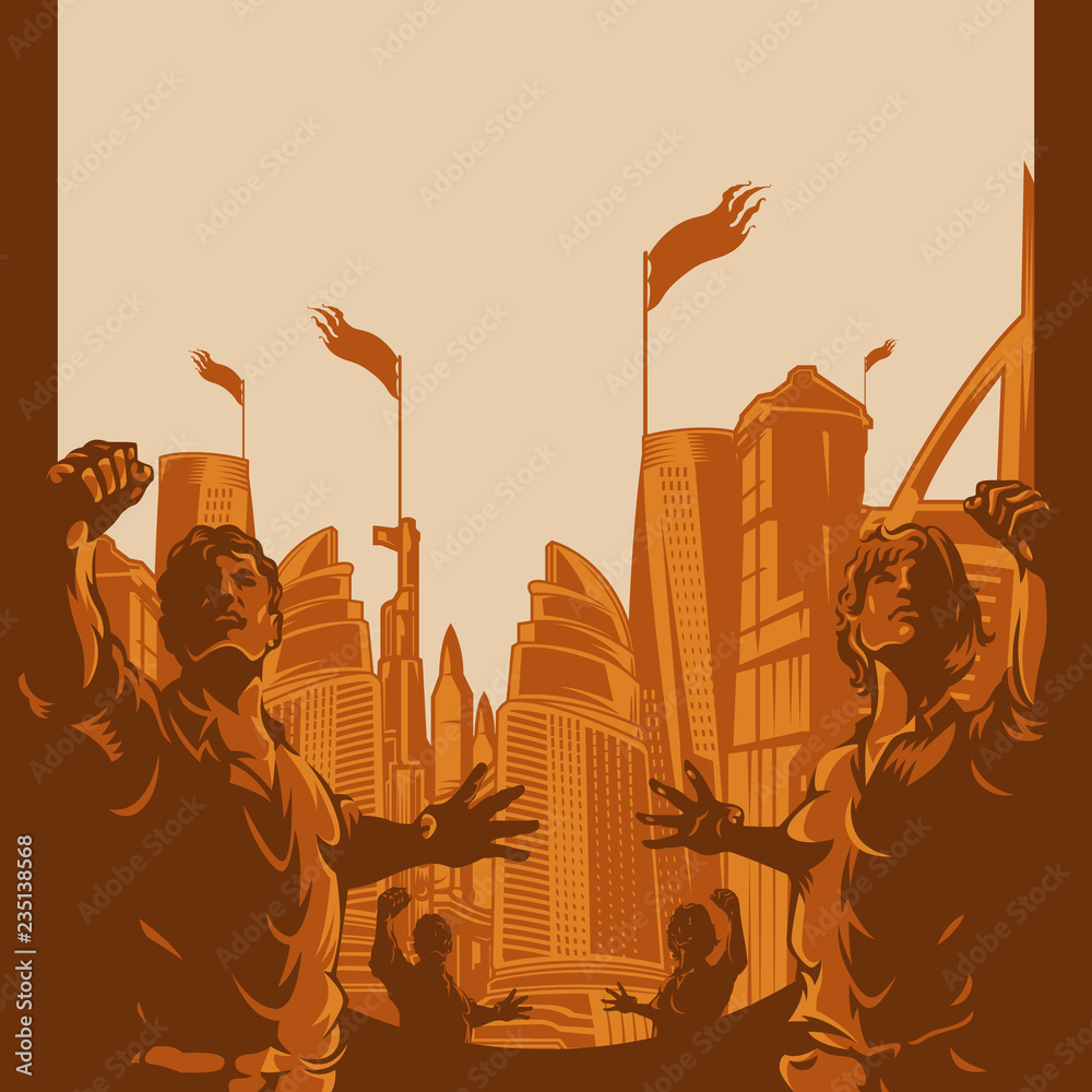 Clenched Fist Propaganda Illustration. Men and Women raised protest ...