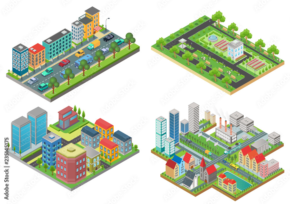 Set of isolated 3d Isometric Realistic cartoon urban City Maps top view ...