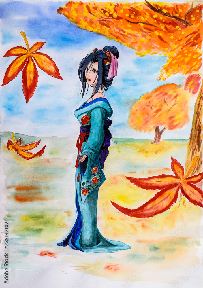 A girl in a Japanese traditional dress walks through the autumn park ...