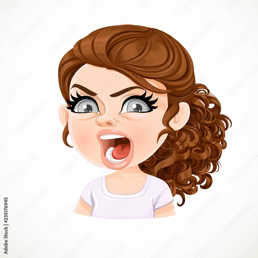 Beautiful angry aggressive smiling cartoon brunette girl with dark ...