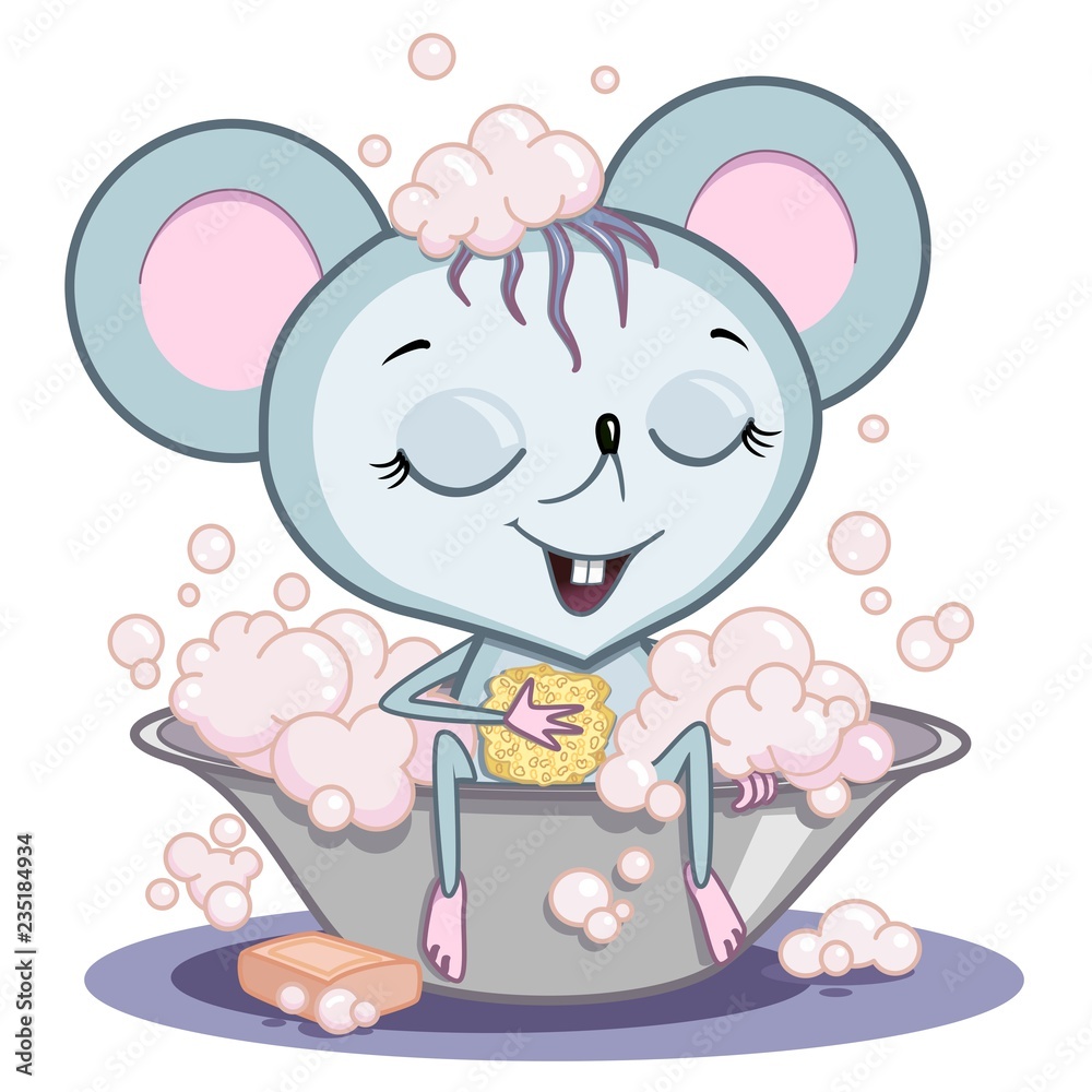 cartoon mouse washes in a pelvis with foam Stock Vector | Adobe Stock
