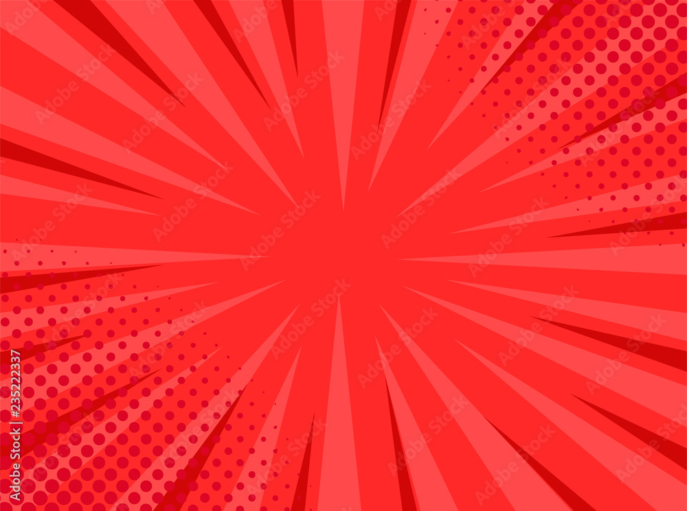 Retro comic pop art red background with stripes and halftone dots ...