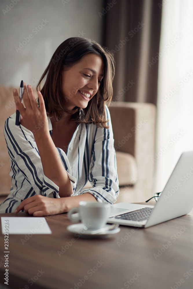 Smiling woman working from home on laptop -Businesswoman . Stock Photo ...