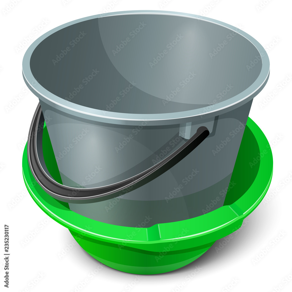 Gray empty plastic bucket with black handle in green basin. Tank for ...