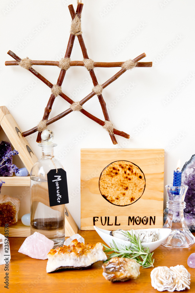 Full Moon Altar setup for ritual, with herbs, crystals, candle ...