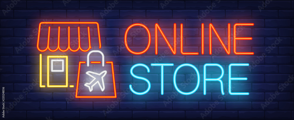 Online store neon sign. Glowing inscription with shop and paper duty ...