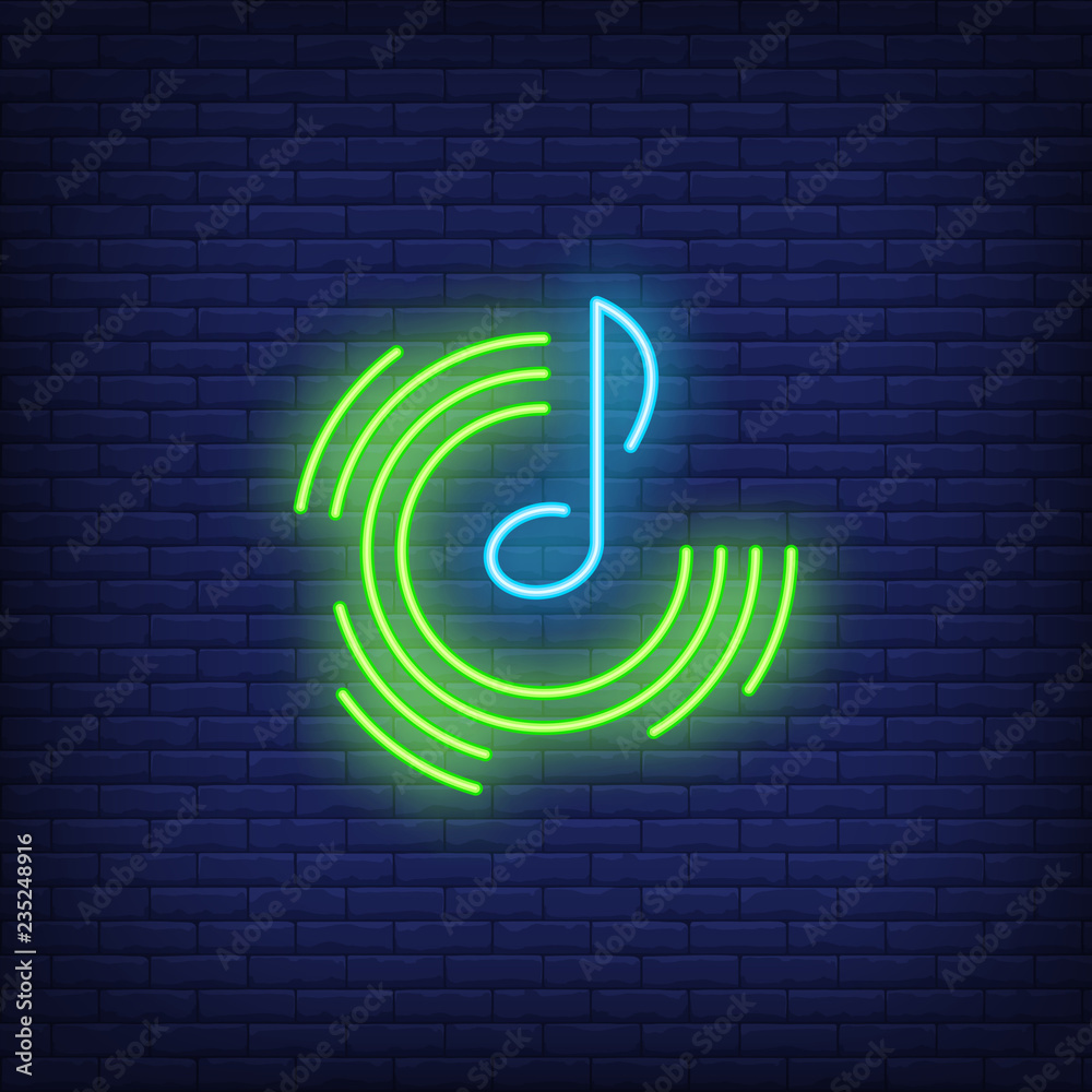 Music note neon sign. Classical music, concert or advertisement design ...