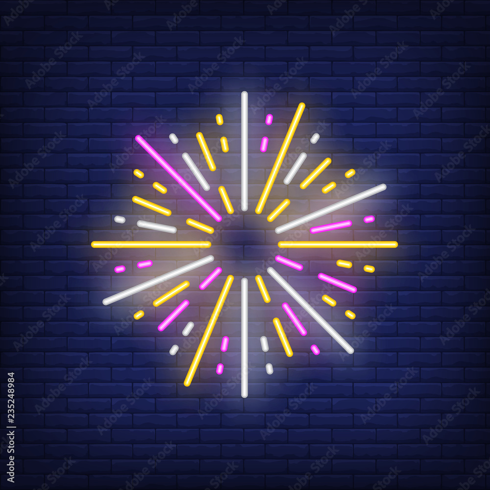 Sparkling fireworks neon sign. Party or advertisement design. Night ...