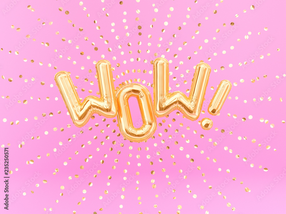Surprised Wow exclamation golden foil balloon letters phrase on pink ...